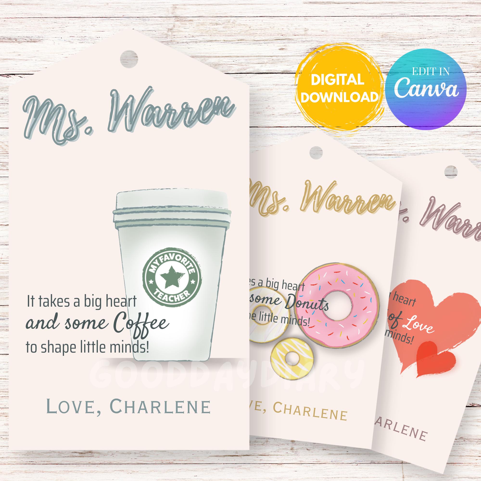 Teacher Appreciation Gift Tags: Coffee, Donuts, Love (canva Template ...
