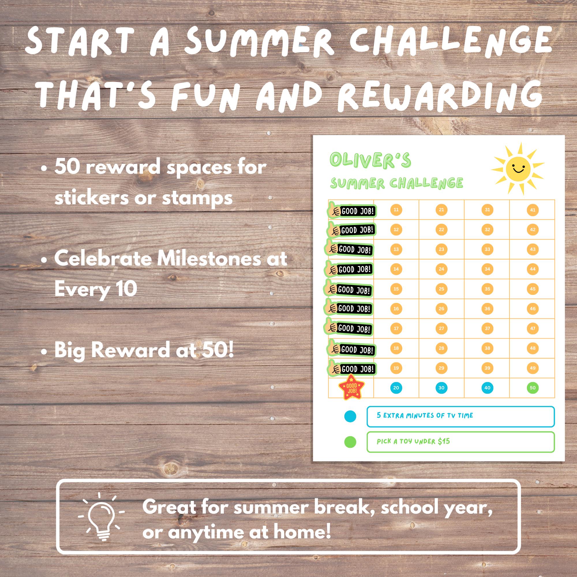 Editable Kids Reward Chart Printable: Summer Challenge, 2 Color Styles ...