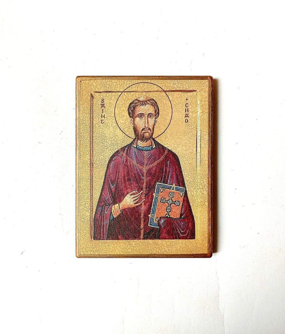 Christian Icon of the Saint Chad of Mercia, Handmade, Wooden Board, 19 ...