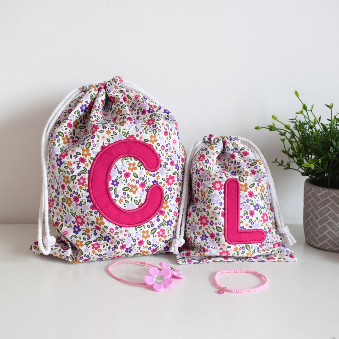 Personalised Girls Pink Floral Fabric Drawstring Bag, Personalised ...