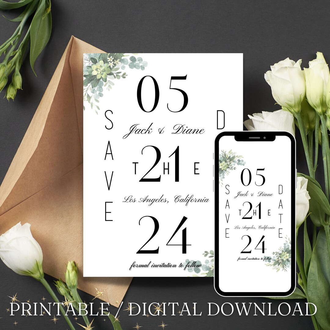 Vintage Greenery Vertical Save the Date Invitation - Digital and ...