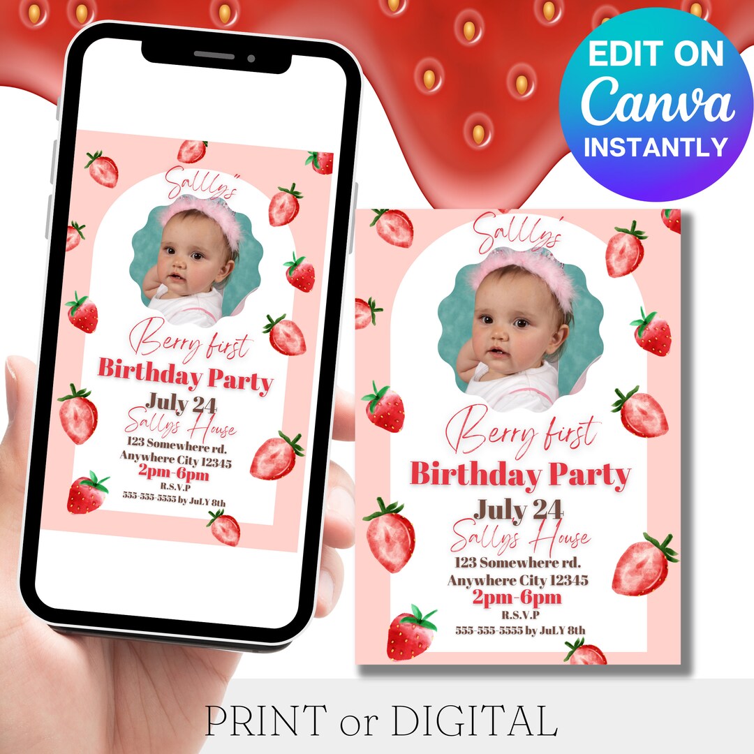 Berry First Birthday Invitation, Strawberry Party, Mobile Invite ...