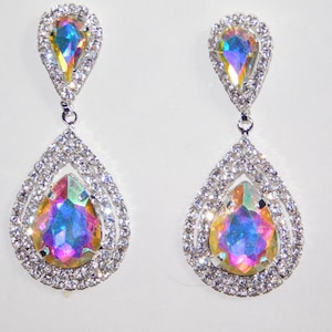 Silver Colorful Stud Earrings AB Rhinestone Crystal Bridal Teardrop ...