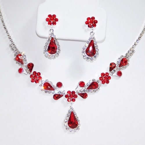 Red Bridal Jewelry Set Necklace and Earrings Ruby Red - Etsy