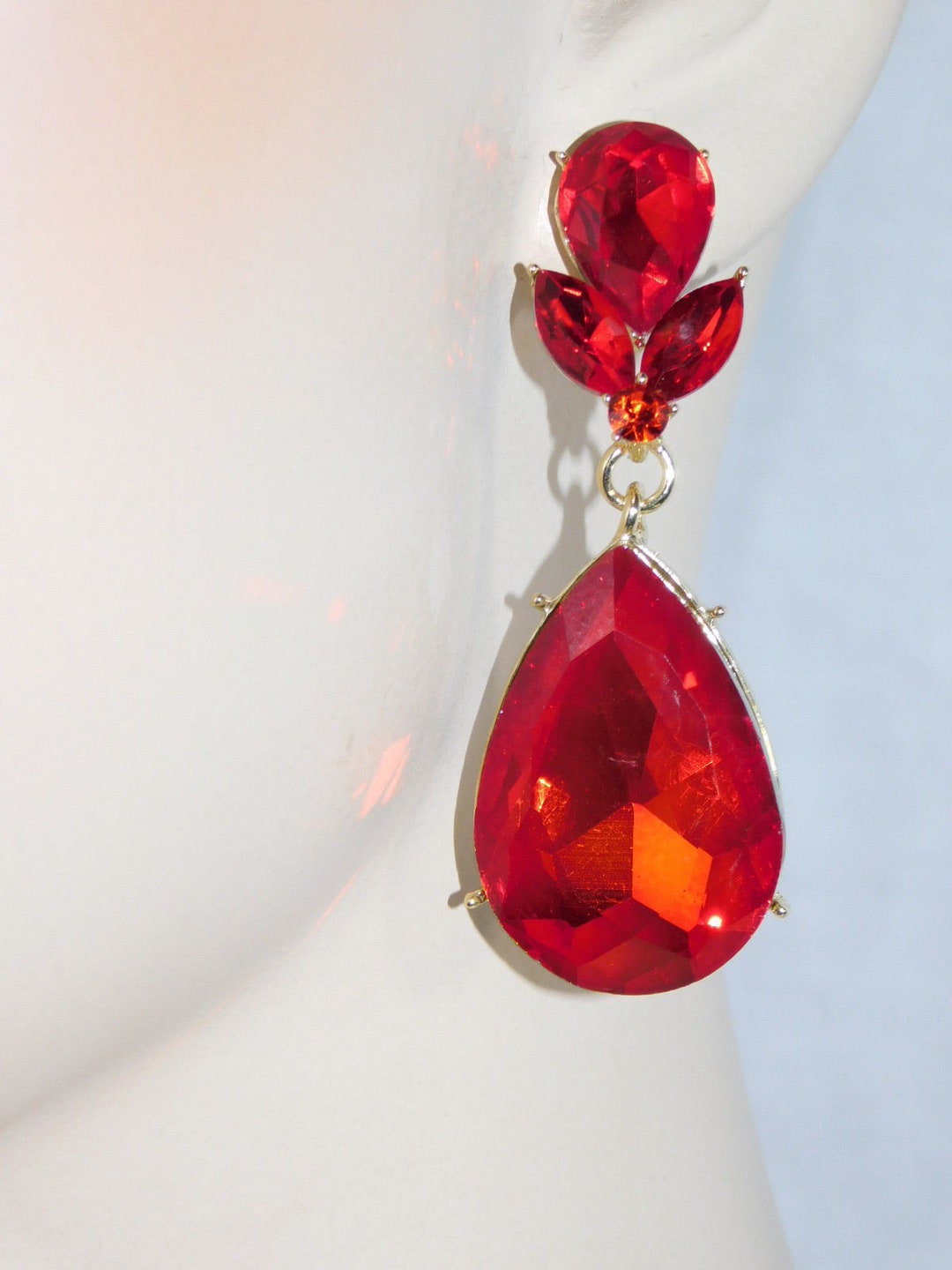 Red Ruby Rhinestone Crystal Teardrop Bridal Earrings /5958 - Etsy