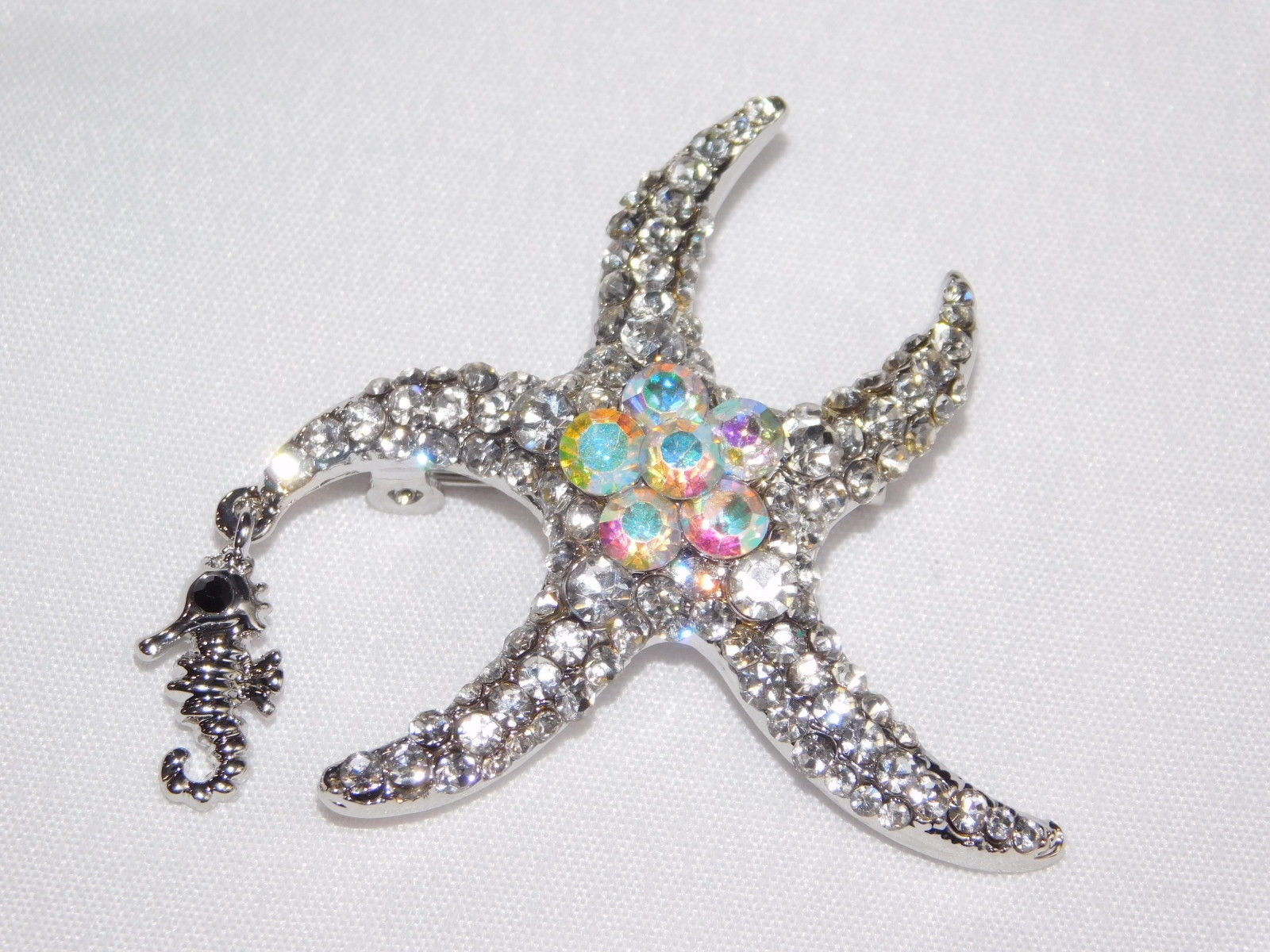 Silver Rhinestone Crystal Starfish and Dangle Baby Seahorse - Etsy