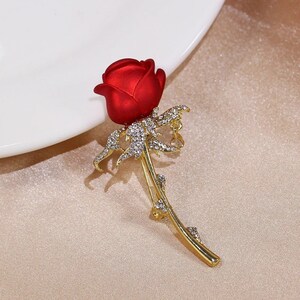 Red Rose Flower Brooch Dainty Large Floral Pin 14K Gold Plated Shiny ...