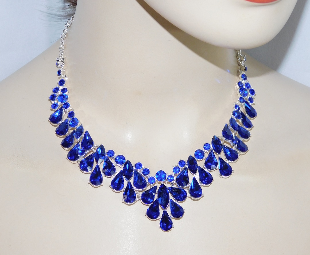 Royal Blue Jewelry Sets Crystal Rhinestone Bridal Silver Necklace and ...