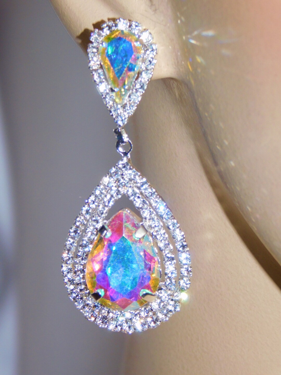 Silver Colorful Stud Earrings AB Rhinestone Crystal Bridal Teardrop ...