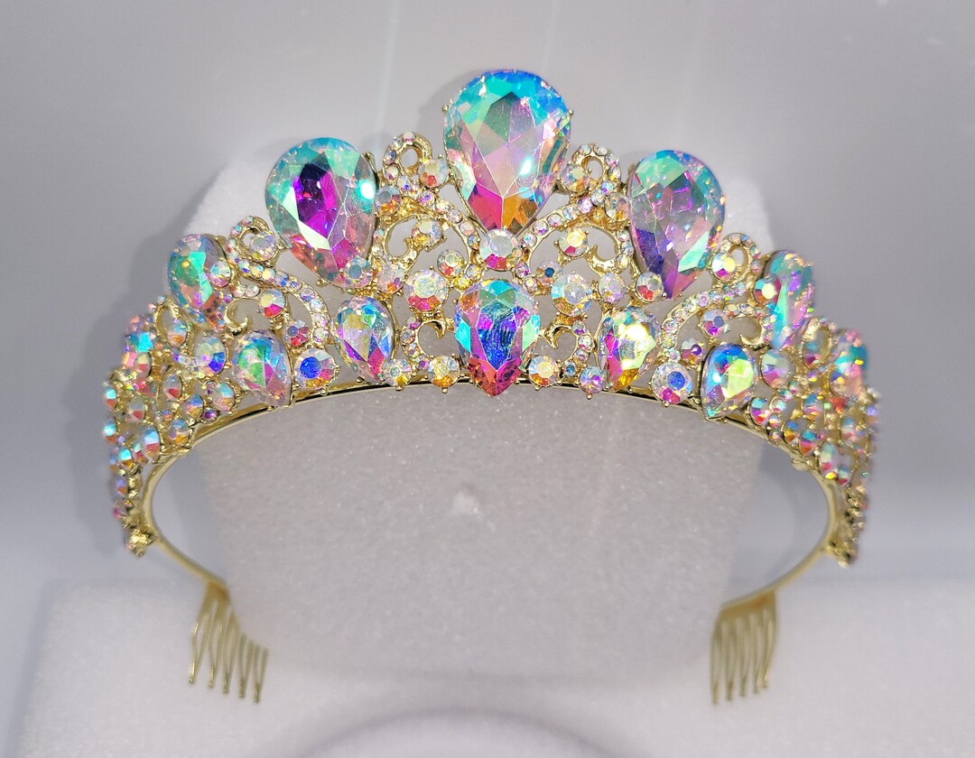 Gold AB Tiara Rhinestone Crystal Queen Tiara Crown Bridal Pageant /1508 ...