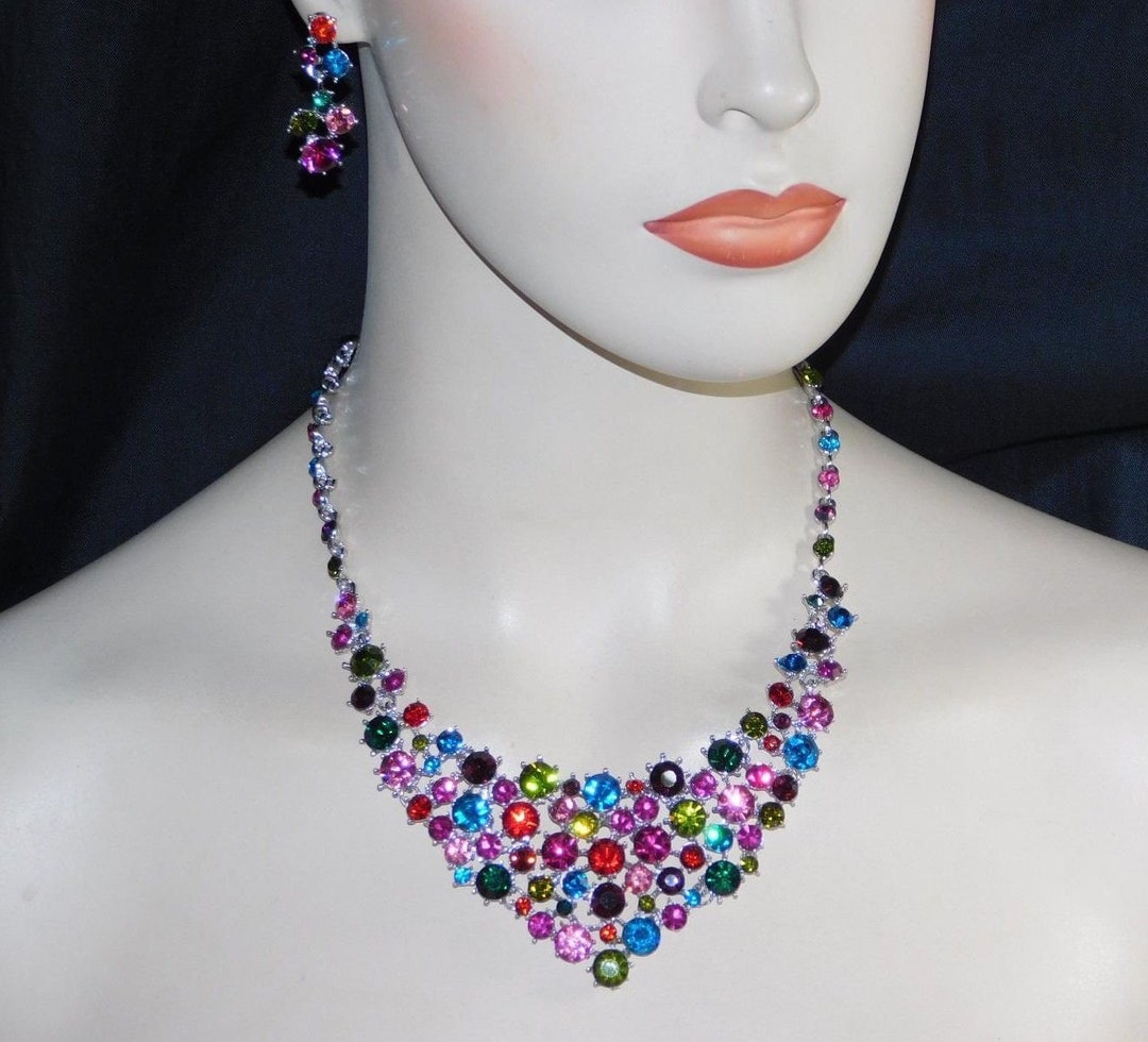 Multicolor Crystal Rhinestone Silver Necklace and Earrings Set - Etsy