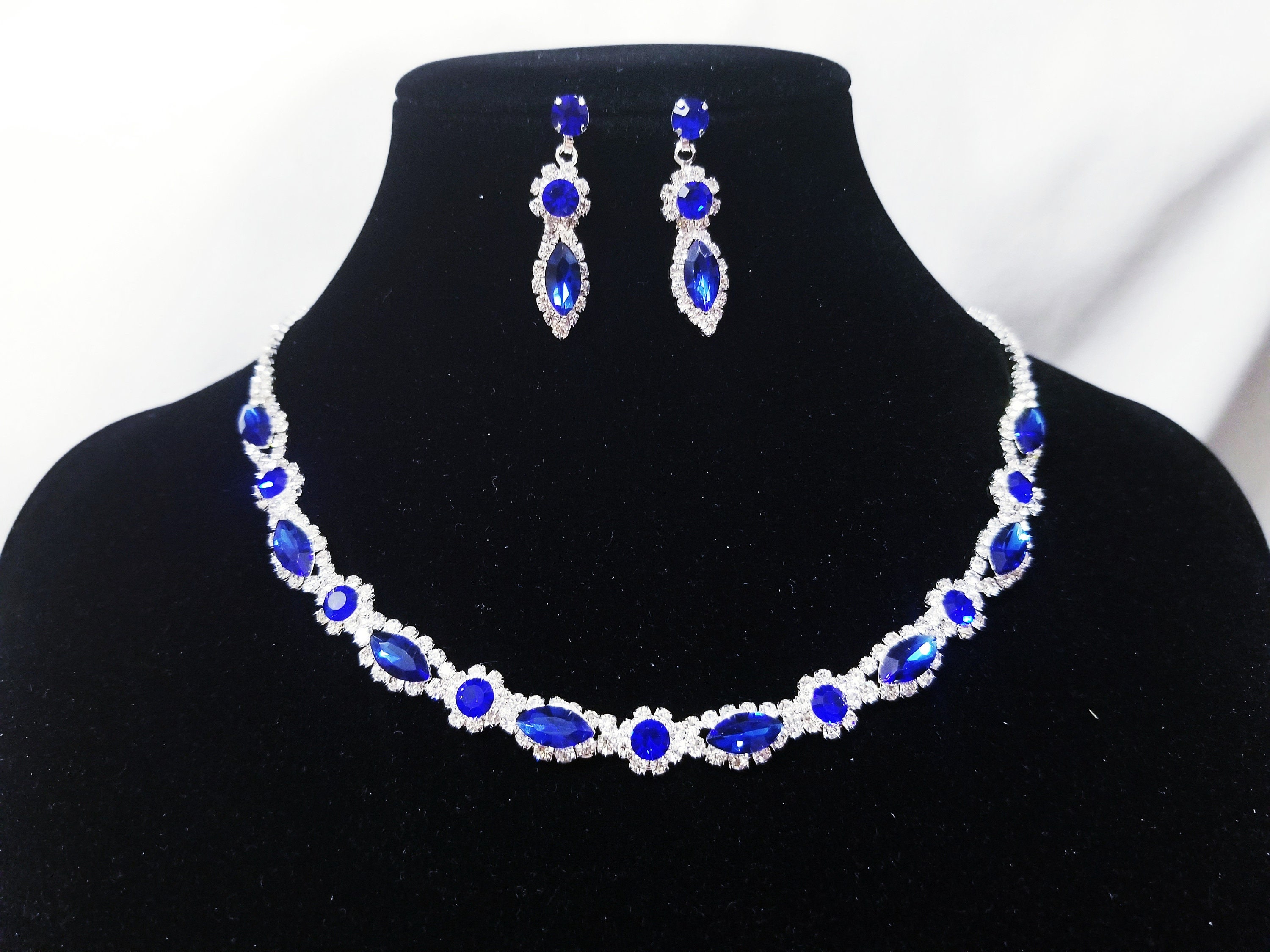 3PC Royal Blue Clear Rhinestones NecklaceEarrings and | Etsy