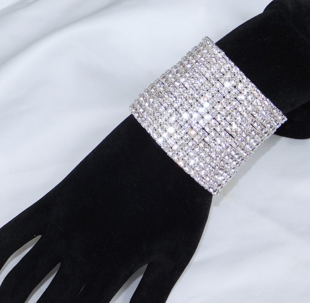 15 Row Silver Rhinestone Diamond Crystals Stretch Bracelets Bangle Cuff ...
