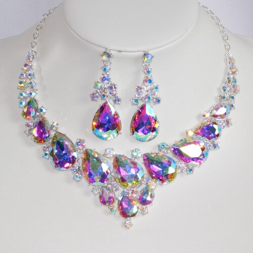 Ab Rhinestone Necklace Iridescent Necklace and Earrings Set - Etsy