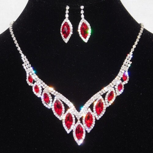 Red Rhinestone Necklace and Earrings Set Bridal Red Necklace - Etsy