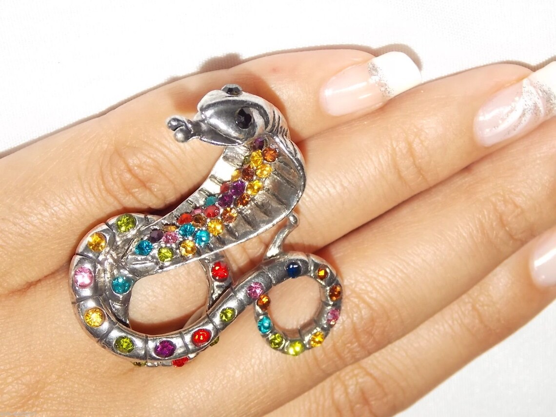 Silver Cobra Snake W. Multicolor Rhinestones Stretch Rings | Etsy