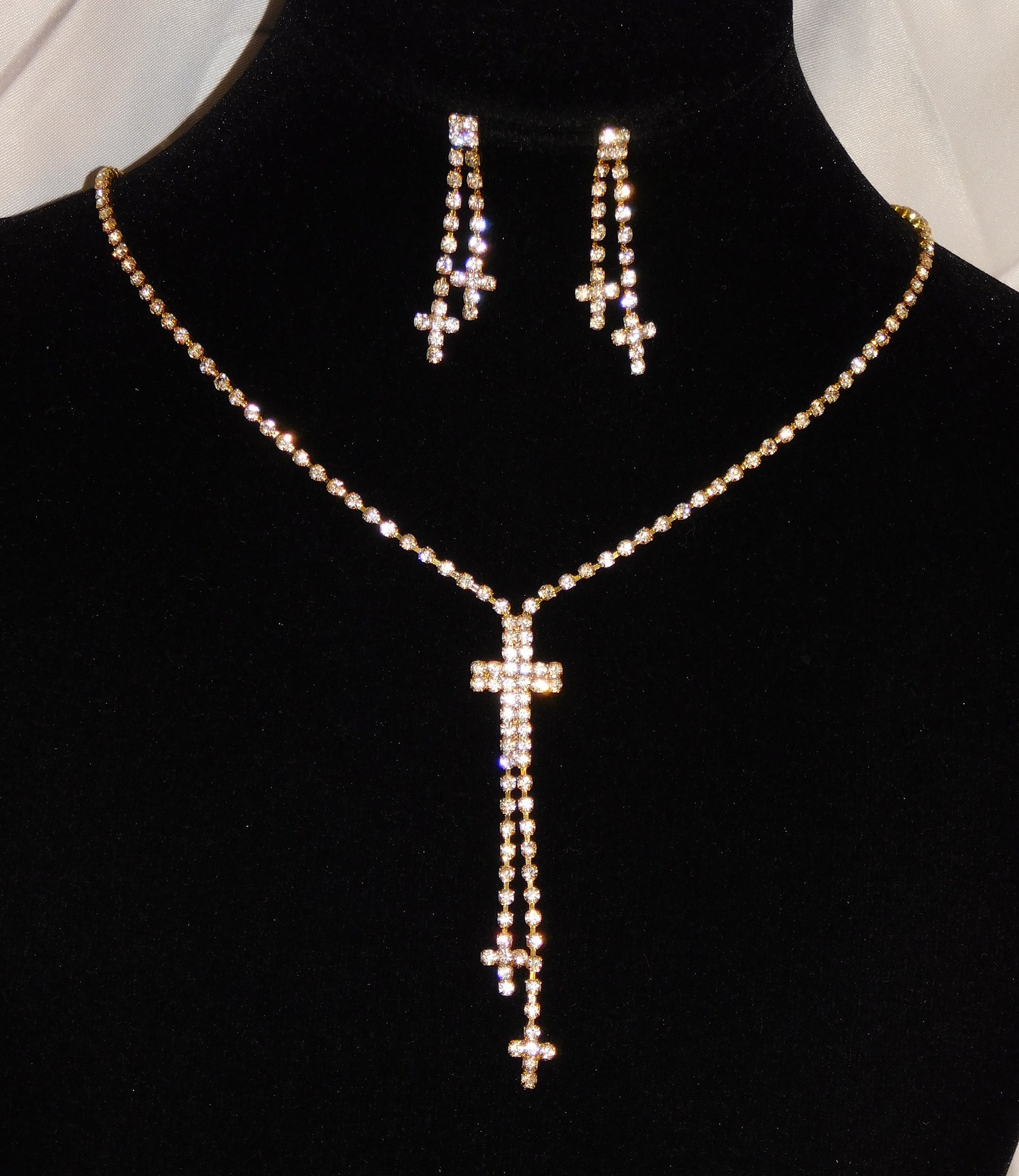 Gold Rhinestone Crystal Bridal Cross Necklace and Earrings Set - Etsy UK