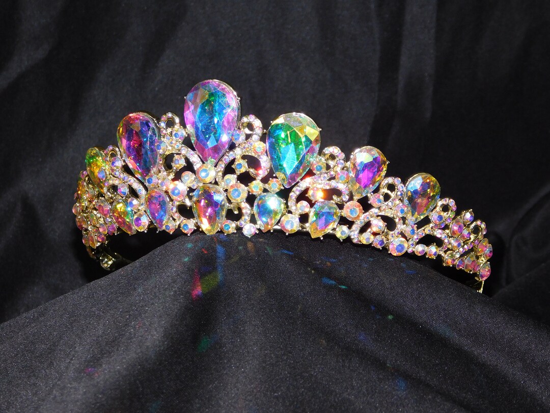 Gold AB Rhinestone Crystal Queen Tiara Crown Bridal Pageant - Etsy