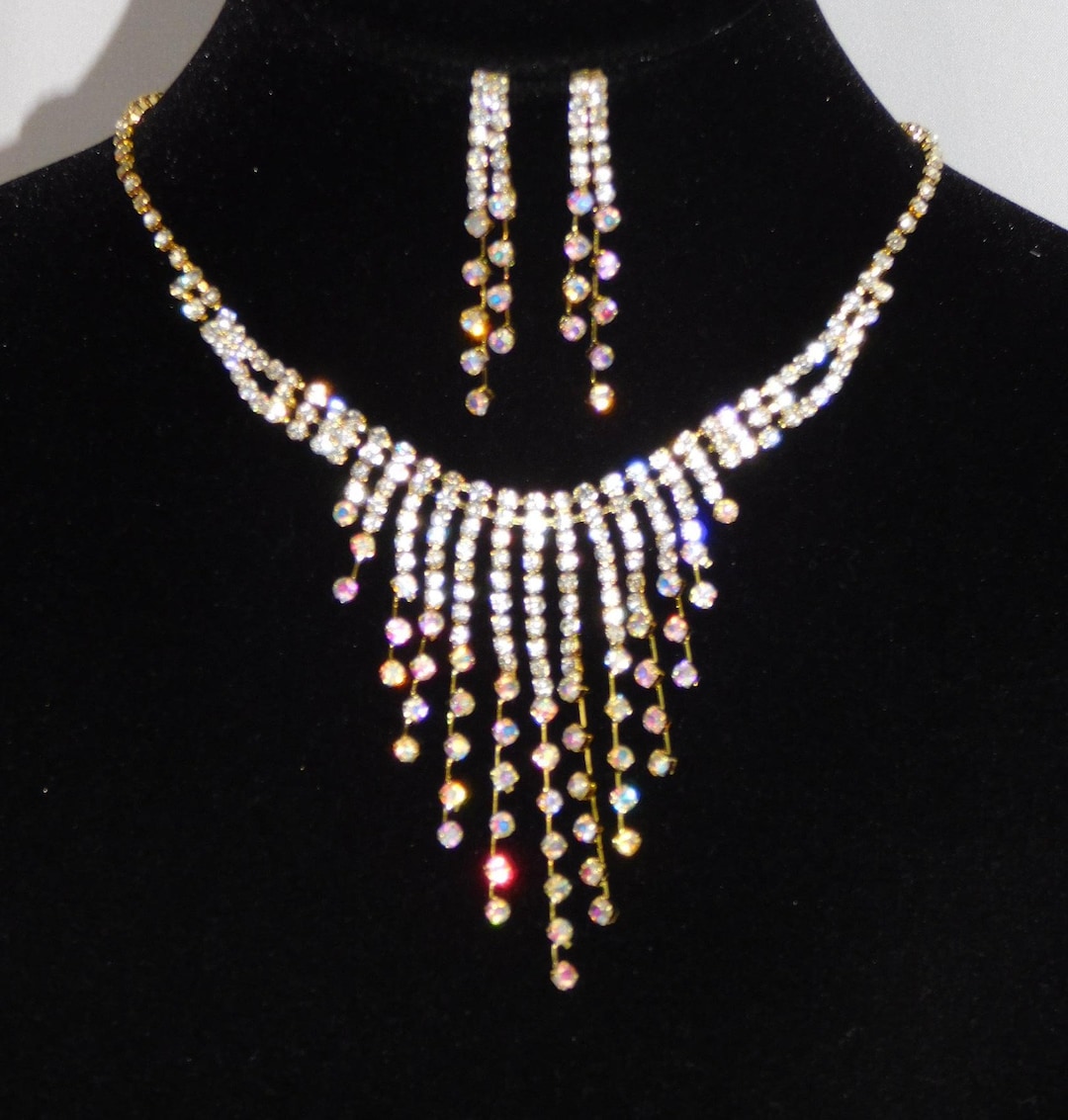 Bridal Set AB and Clear Gold Crystal Rhinestone Necklace and Earrings ...