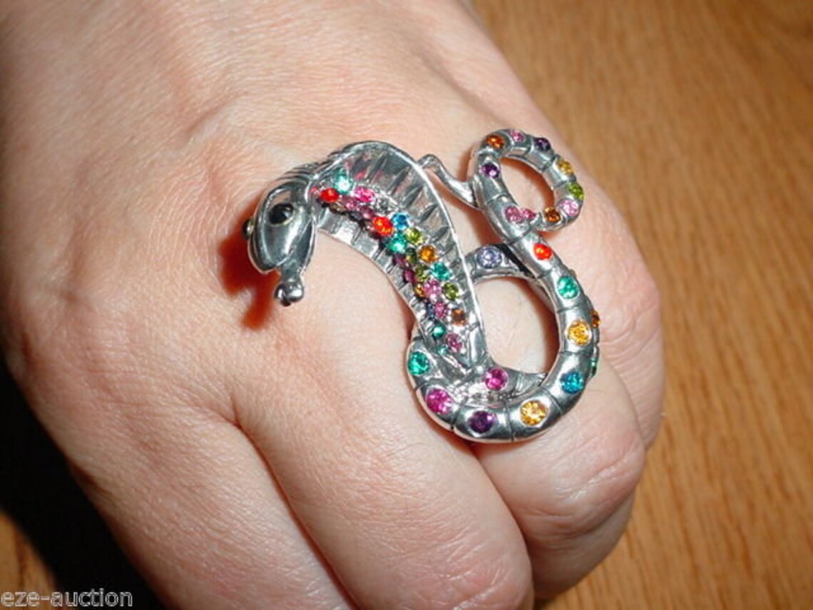 Silver Cobra Snake W. Multicolor Rhinestones Stretch Rings | Etsy
