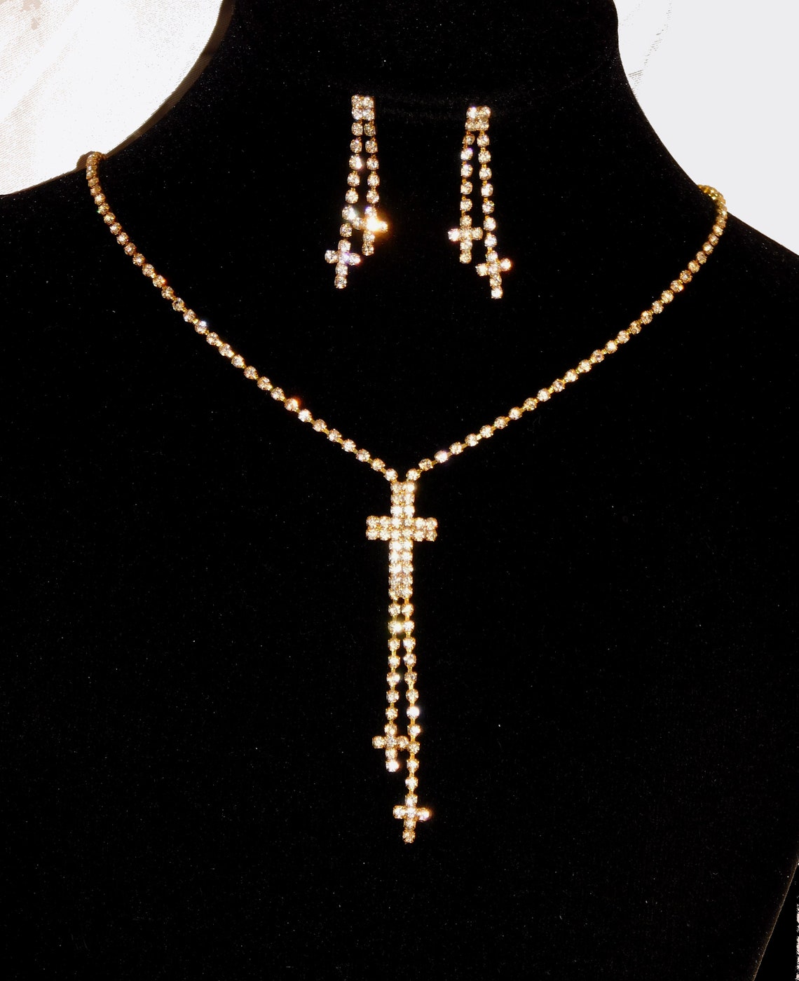 Gold Rhinestone Crystal Bridal Cross Necklace and Earrings Set - Etsy UK