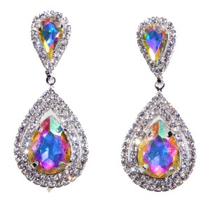 Silver Colorful Stud Earrings AB Rhinestone Crystal Bridal Teardrop ...