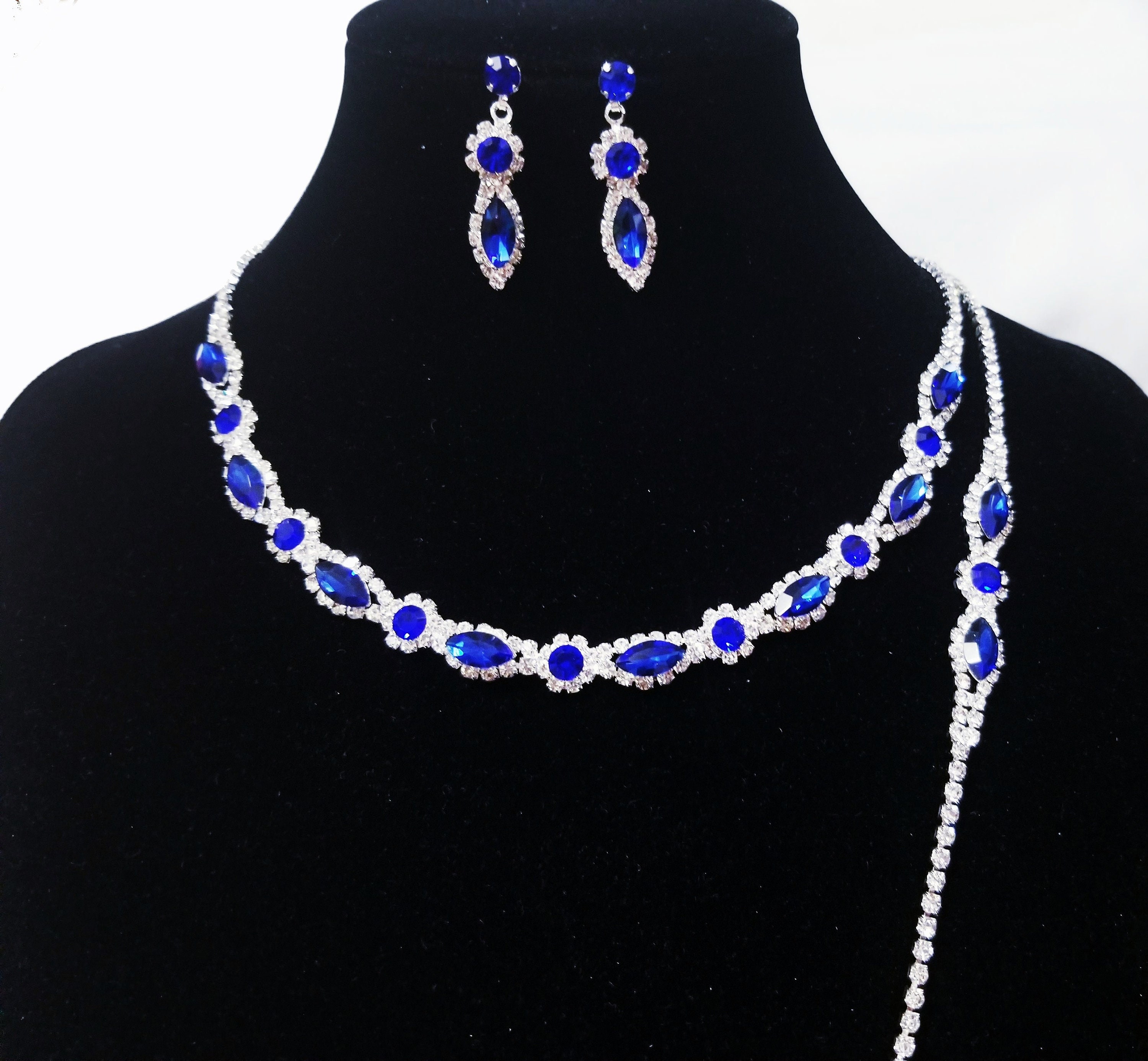 3PC Royal Blue Clear Rhinestones NecklaceEarrings and | Etsy