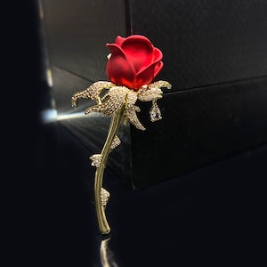 Red Rose Flower Brooch Dainty Large Floral Pin 14K Gold Plated Shiny ...