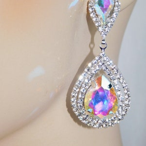 Silver Colorful Stud Earrings AB Rhinestone Crystal Bridal Teardrop ...