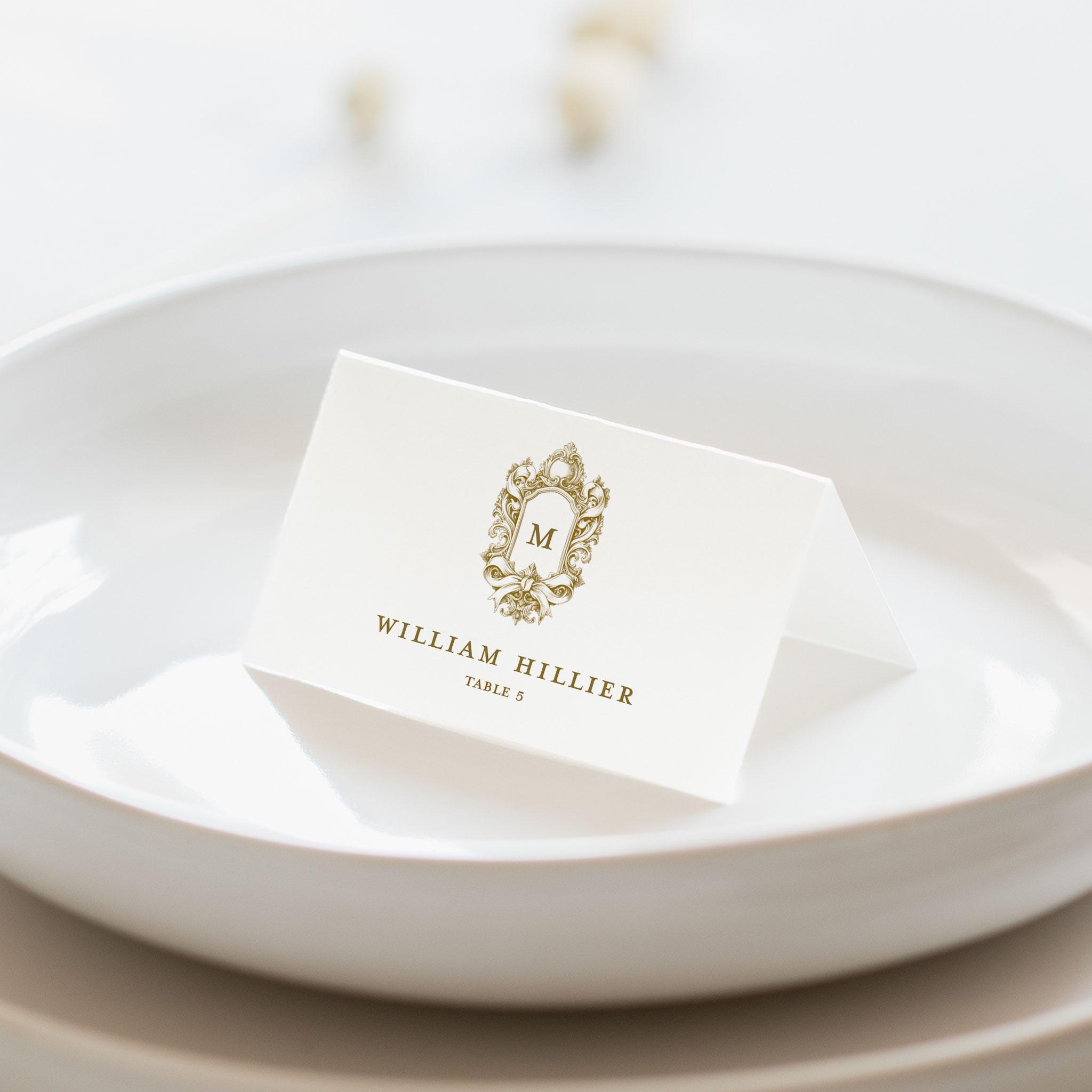 Rococo Gold Place Card, Monogram Crest Seating Name Cards, Vintage Hand ...