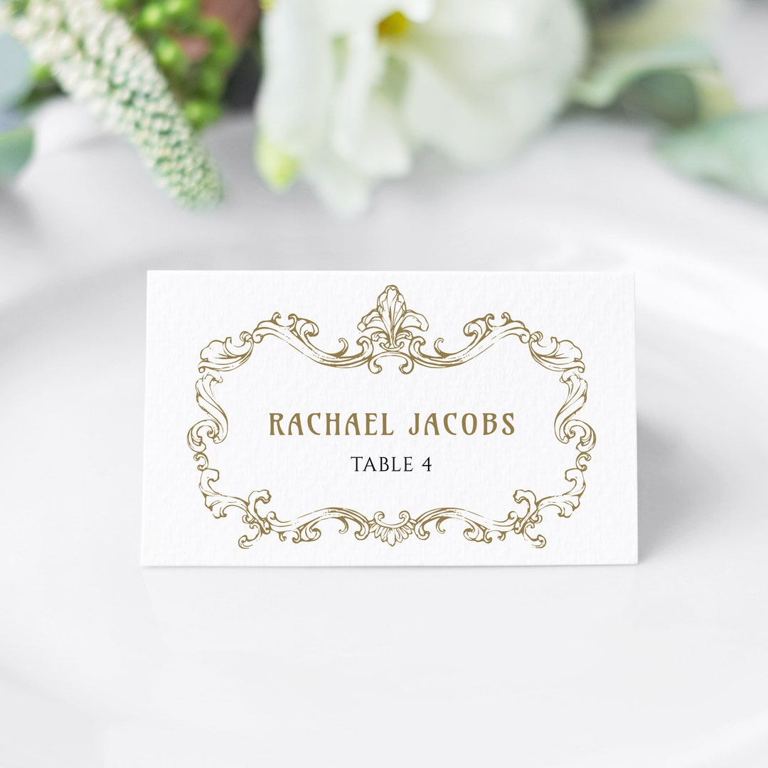Baroque Gold Place Card With Meal Icons, Art Noveau Seating Name Cards ...