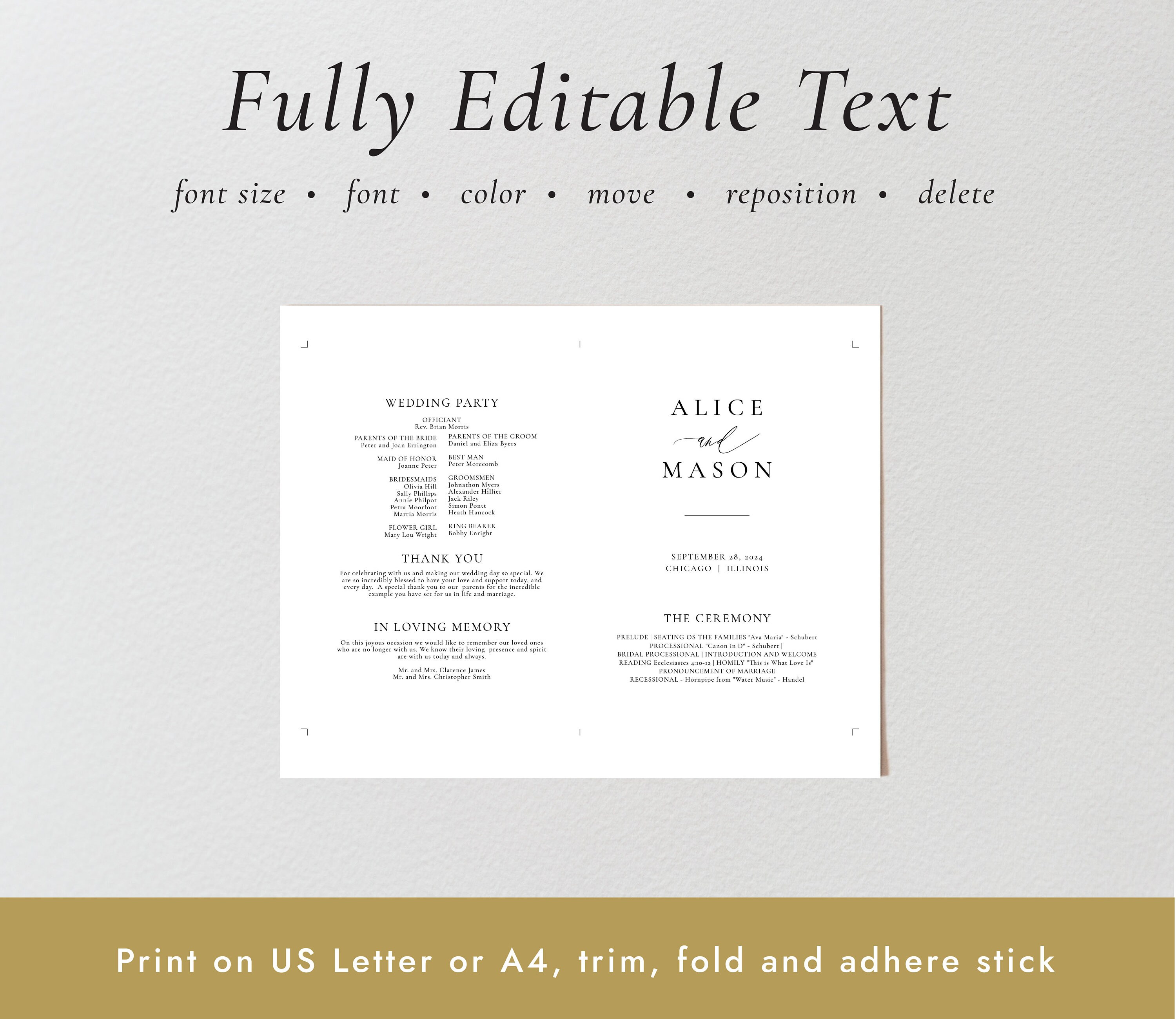 Classic Minimalist Fan Program Printable Script Ceremony Fan - Etsy