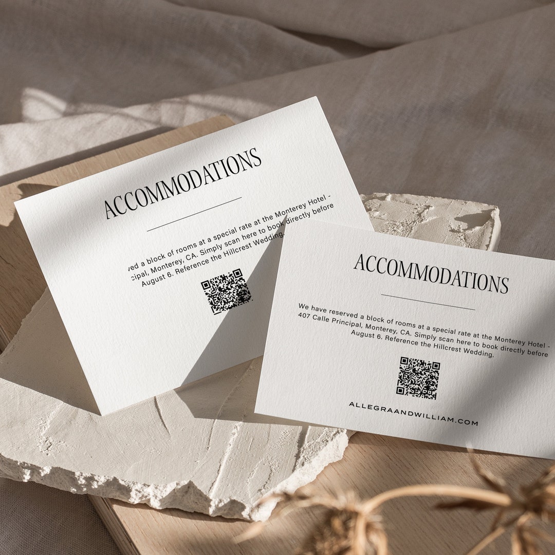 Accommodations Card QR Code, Minimalist Wedding Hotel Enclosure Card Template, Bold Monogram ...