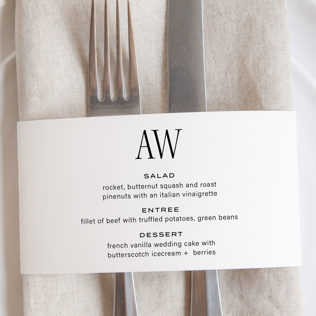 Monogram Napkin Wrap Menu, Bold Aesthetic Napkin Ring Menu, Unique ...