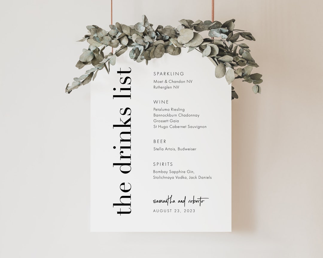 Modern Bold Bar Menu Sign, Drinks List Sign, Cocktails Sign Printable ...