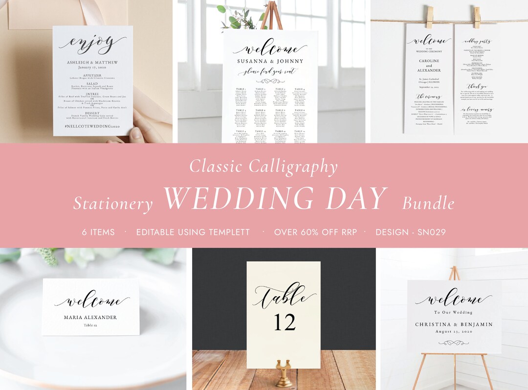 Wedding Day Stationery Bundle Seating Chart, Place Cards, Welcome Sign, Menu, Table Numbers ...