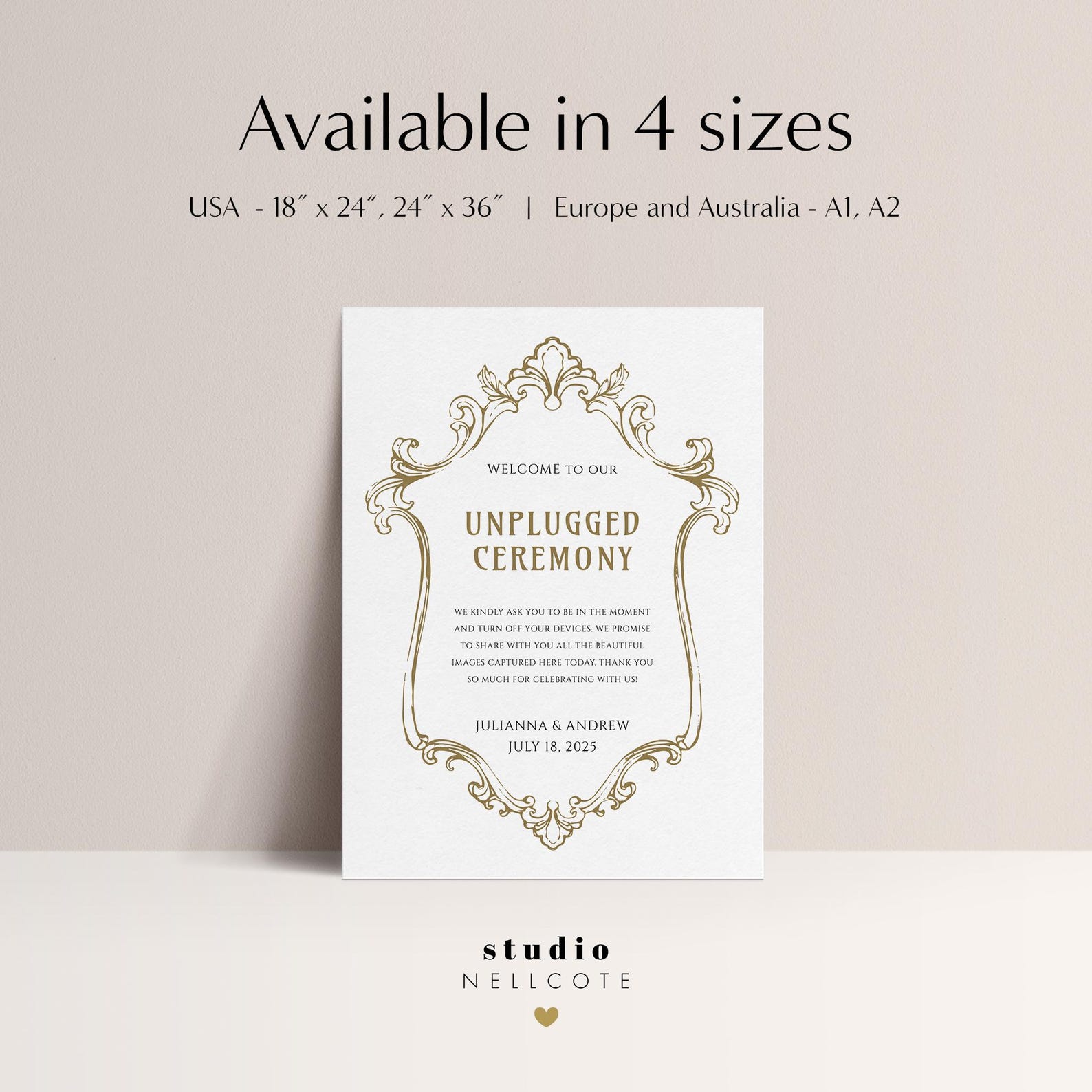 Unplugged Wedding Sign, Vintage Gold Baroque Script Unplugged Ceremony ...