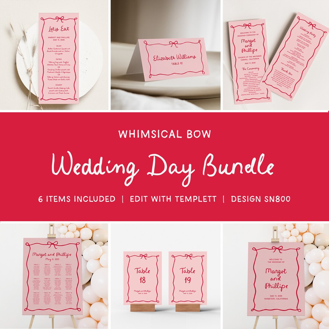 Whimsical Bow Wedding Day Bundle, Wavy Hand Drawn Stationery Bundle ...
