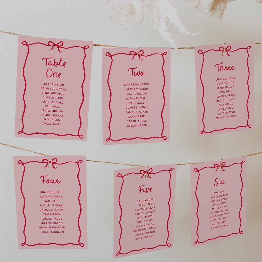 Bow Seating Card Chart, Whimsical Wedding Seating Cards, Wavy Hand ...