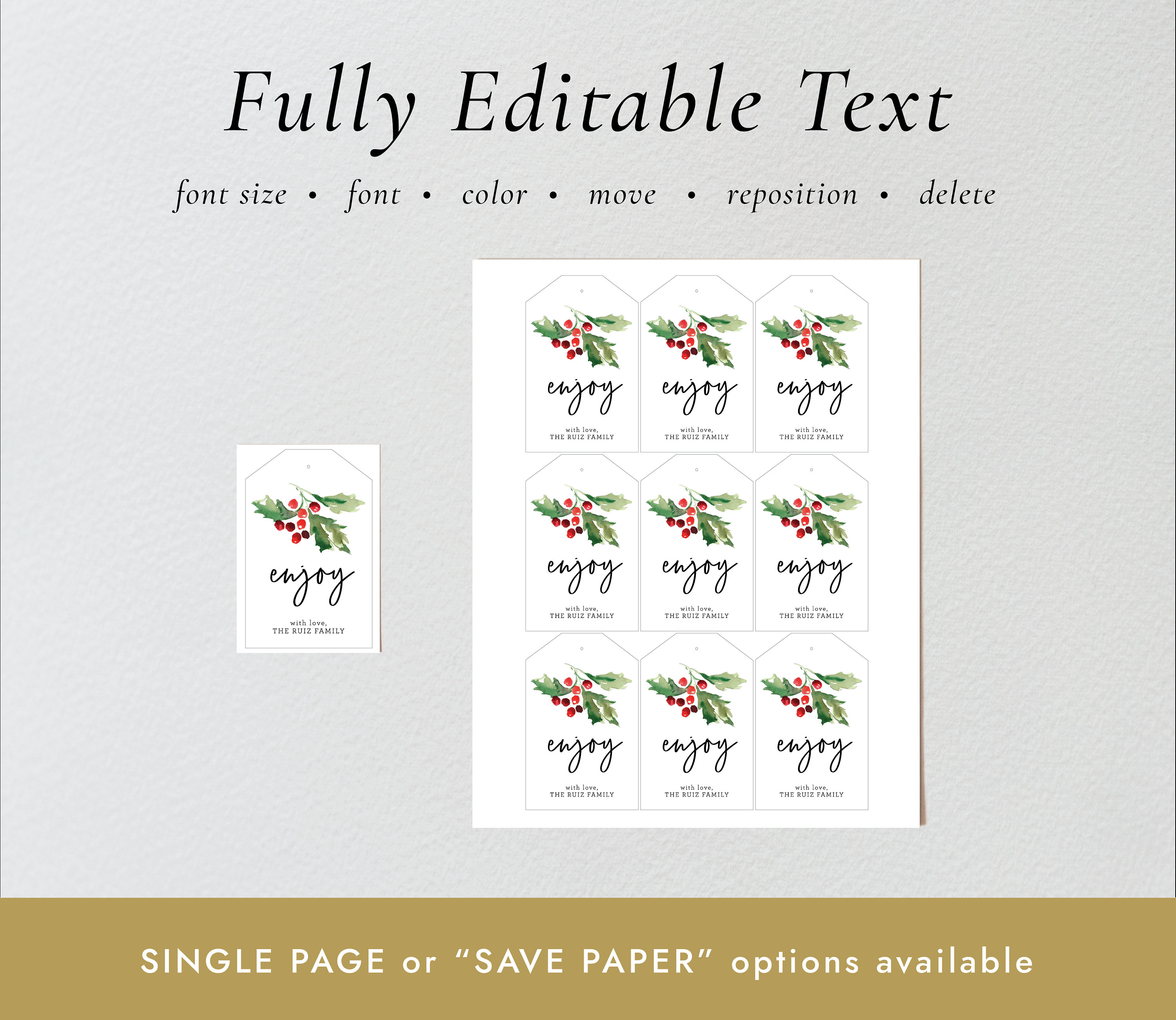 Christmas Holly Gift Tag Template Watercolor Gift Tag - Etsy UK