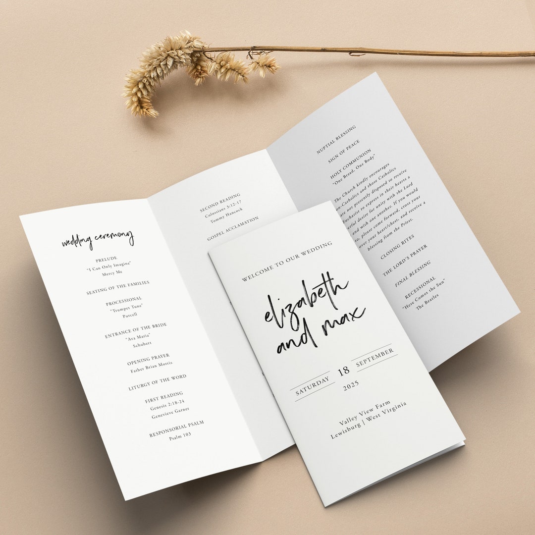 Modern Tri-fold Program, Script Three Fold Schedule, Jewish Program, Catholic Wedding Program ...
