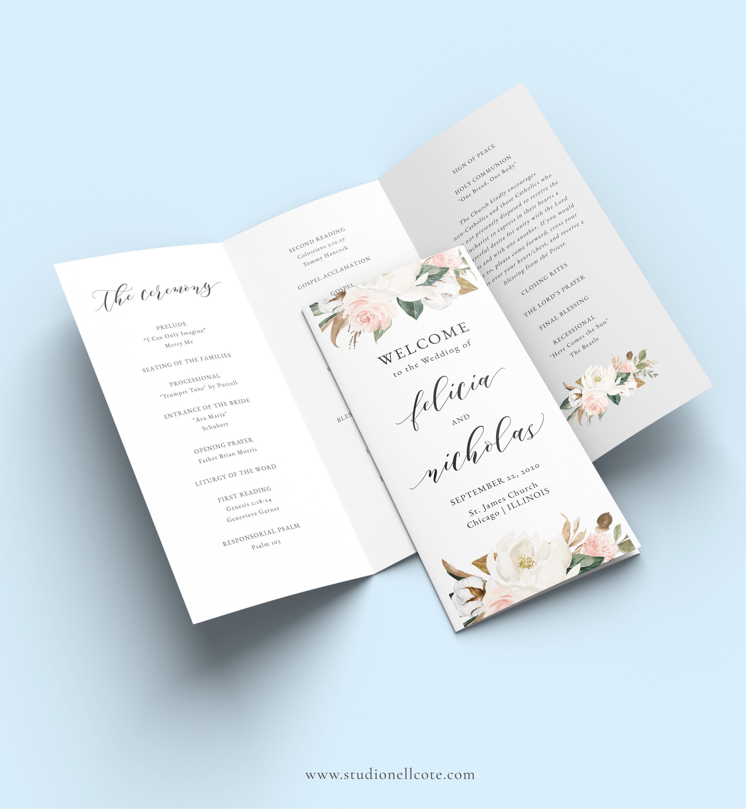 Magnolia and Rose Tri Fold Wedding Program-Tri Fold | Etsy