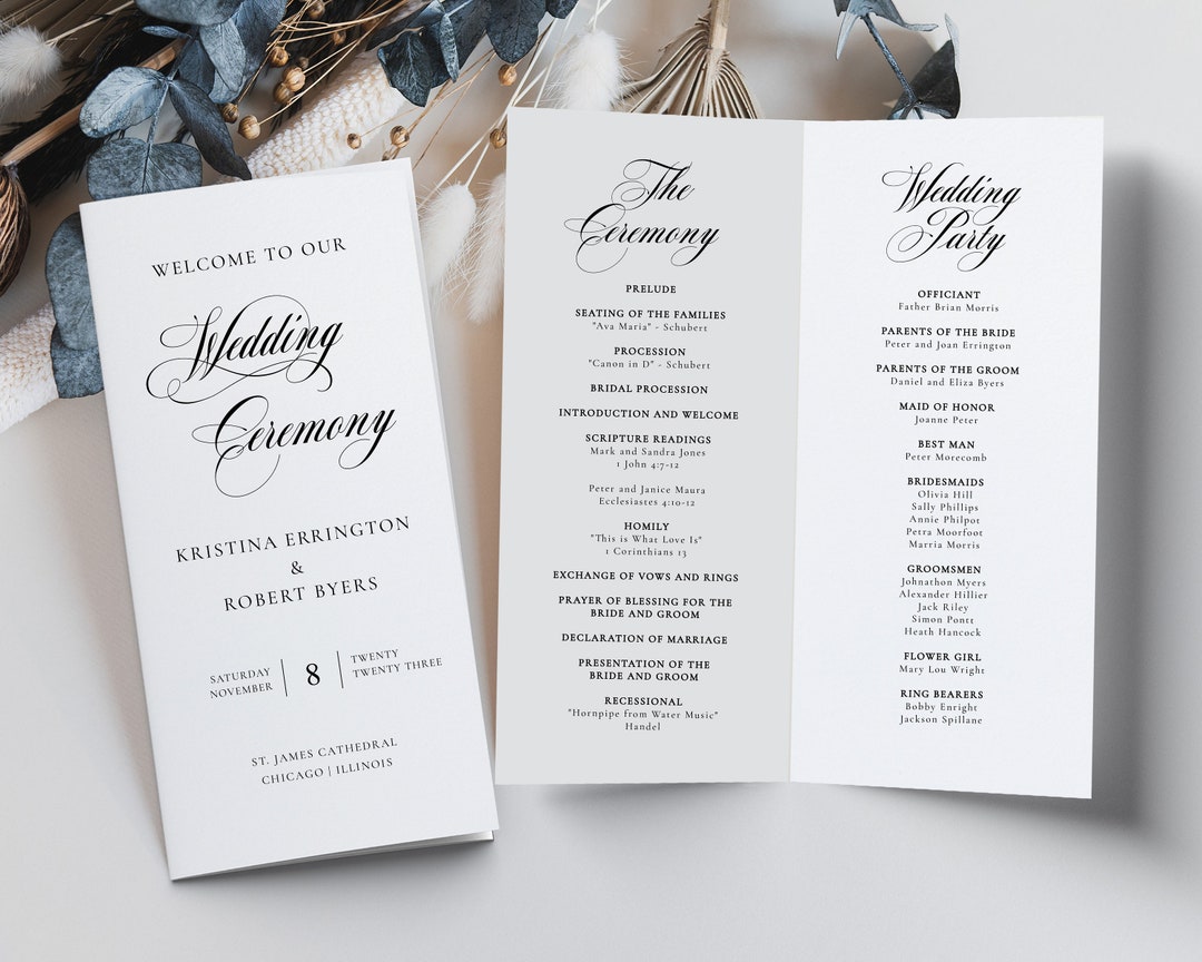4 X 9 Folded Wedding Program, Classic Calligraphy Bi-fold Template for ...