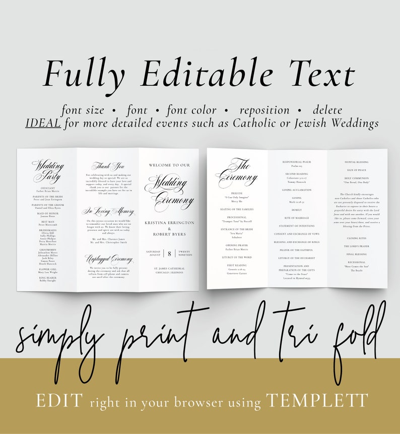 Tri Fold Wedding Program Template Trifold Program Catholic Etsy
