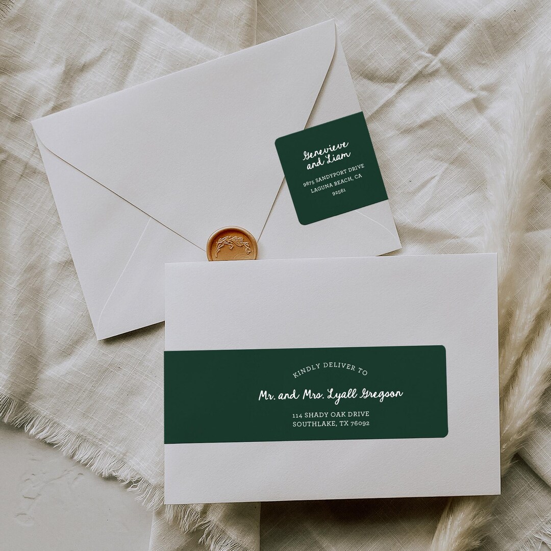 Forest Green Wedding Wraparound Envelope Label Template, Emerald Editable Handwritten Address ...