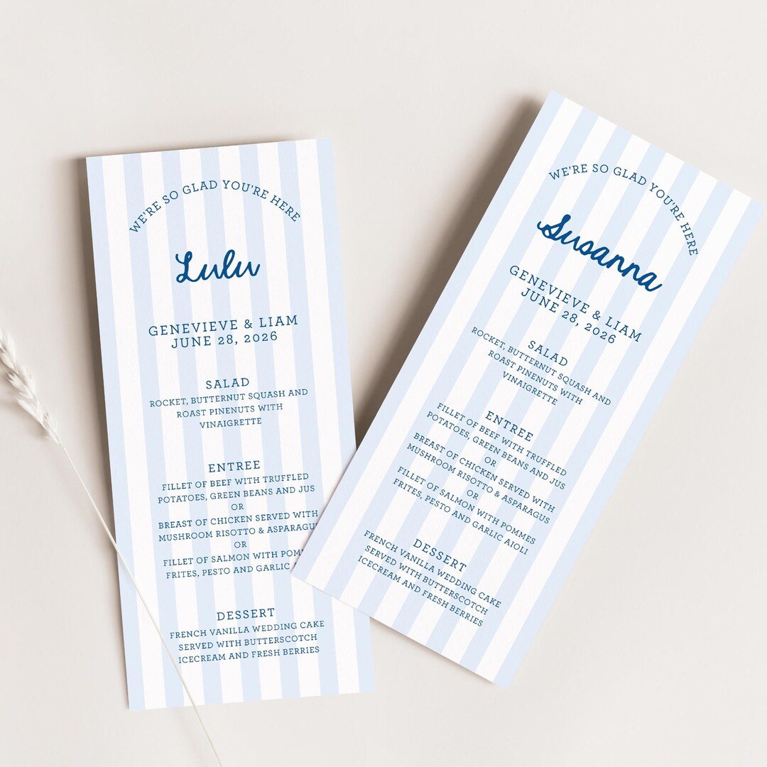 Striped Guest Name Wedding Menu Template, Preppy Stripes Handwritten ...
