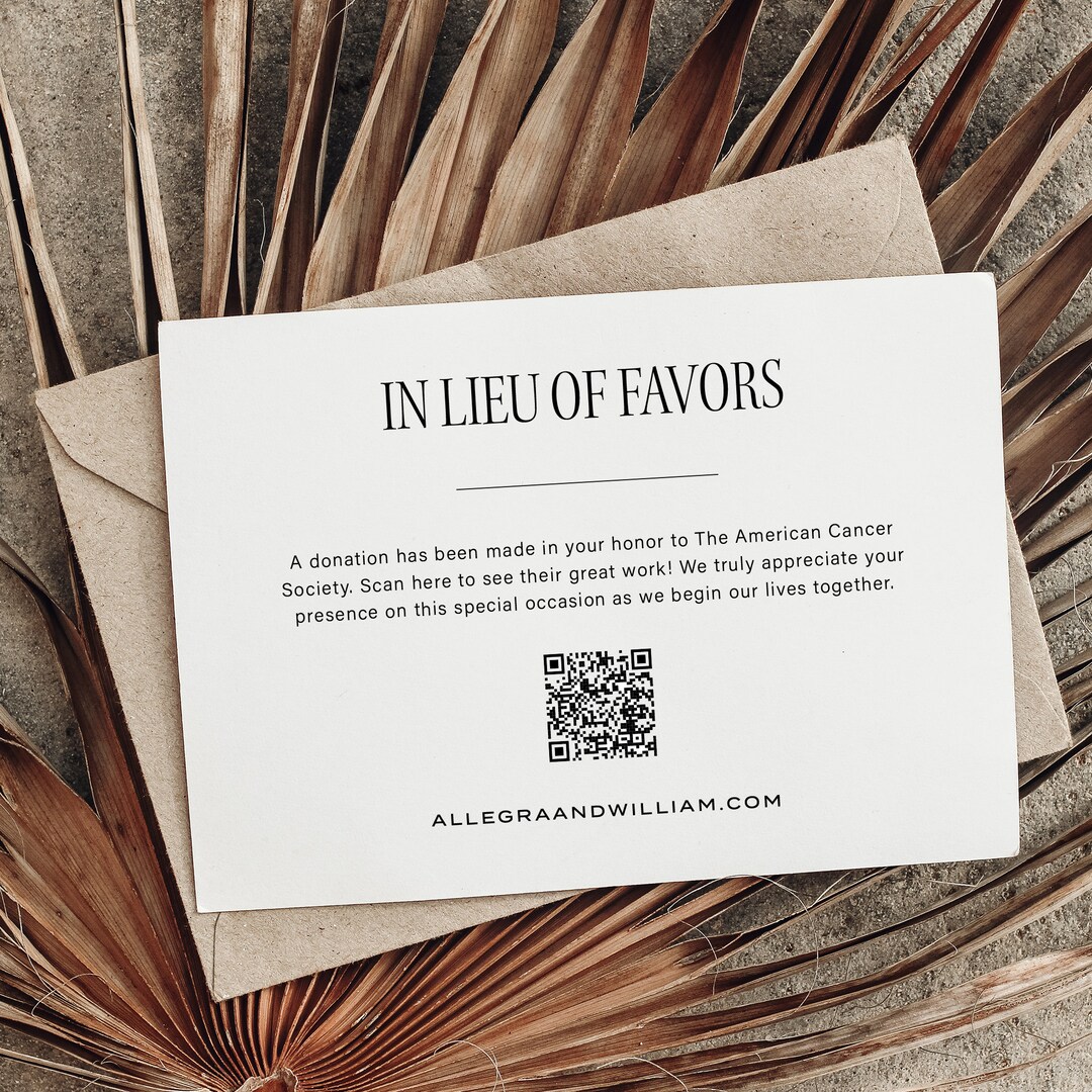 Wedding Donation Instead of Favor Card, in Lieu of Favors Card, Donation Card, QR Code Charity ...