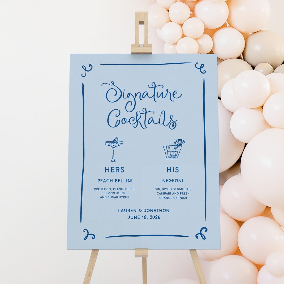 Hand Drawn Signature Cocktails Sign, Whimsical Wavy Baby Blue Drinks ...