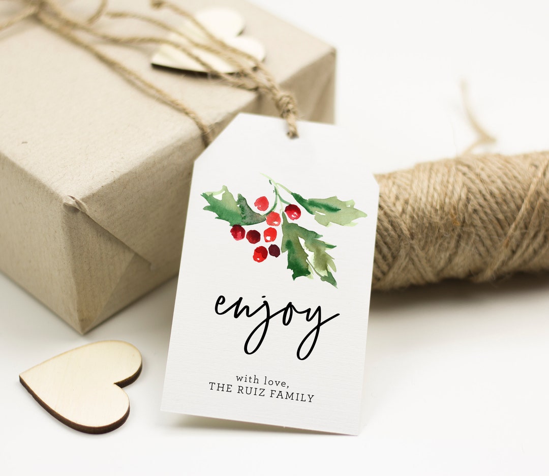 Christmas Holly Gift Tag Template Watercolor Gift Tag - Etsy