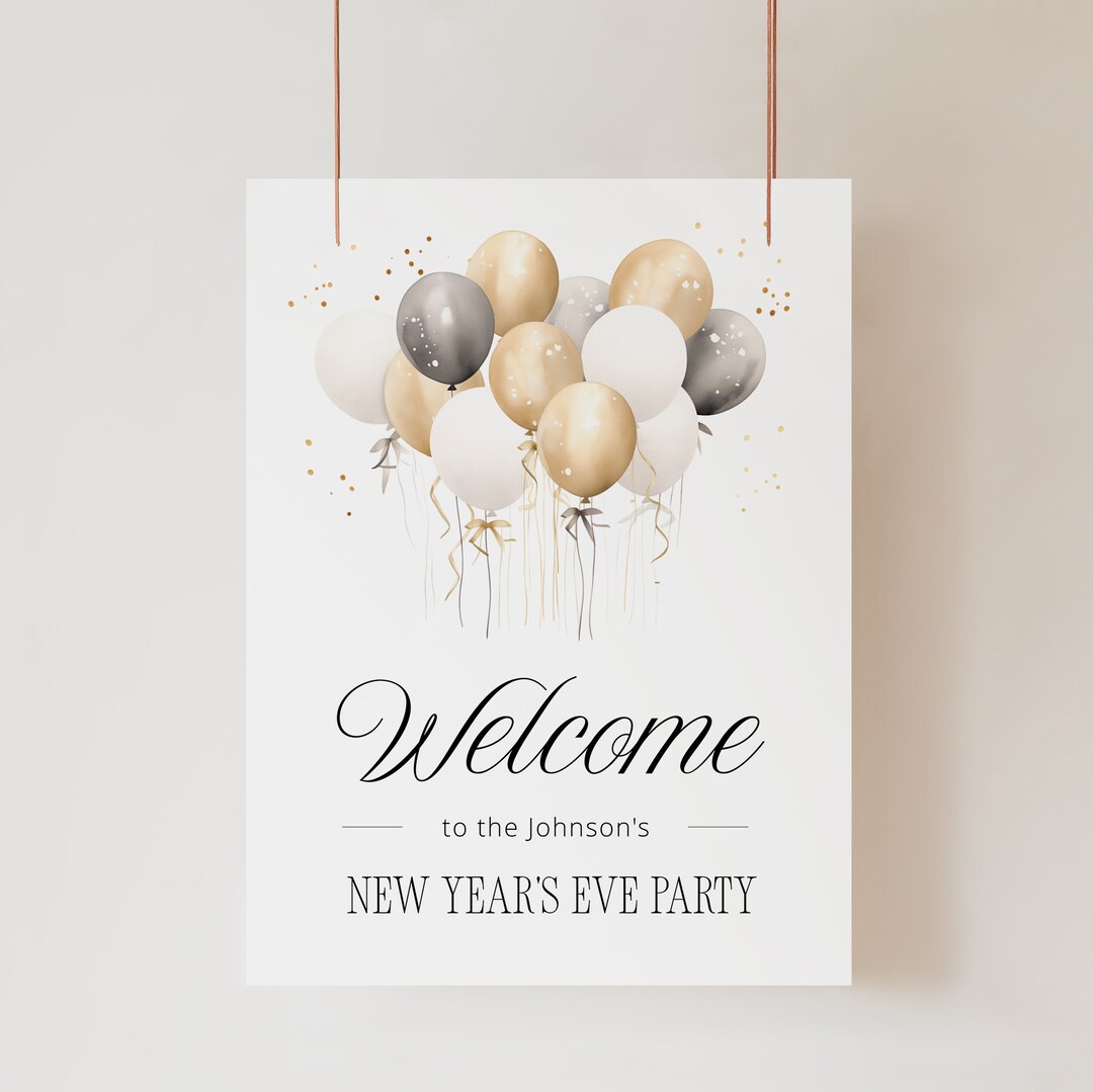 Gold New Year's Eve Party Welcome Sign, Watercolor Balloons Party ...